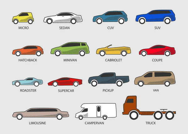 Car Type and Model Objects icons Set, automobile. Stock Vector Image by ...