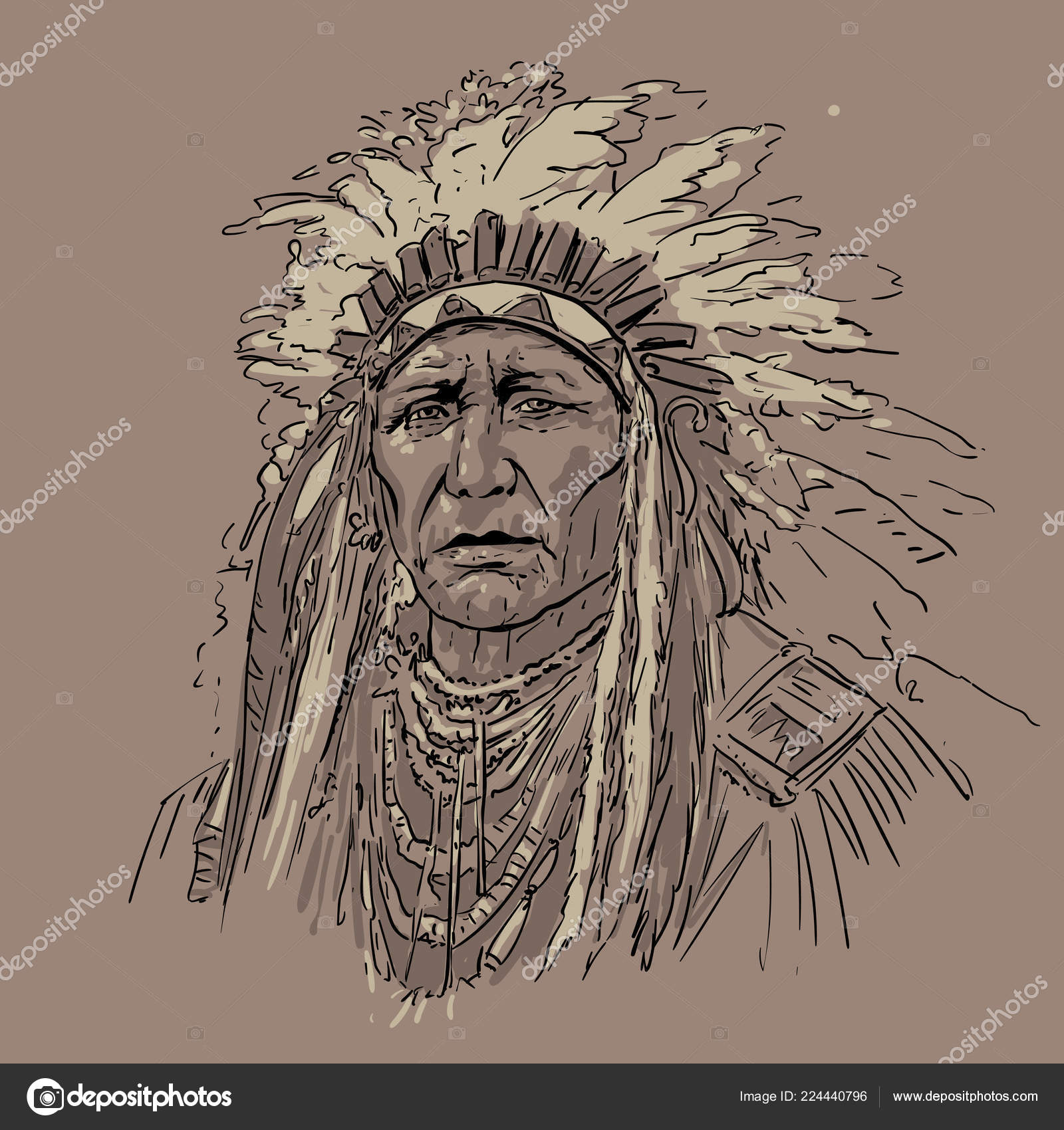 American Indian Leader Old Man Portrait Digital Sketch Hand Drawing ...
