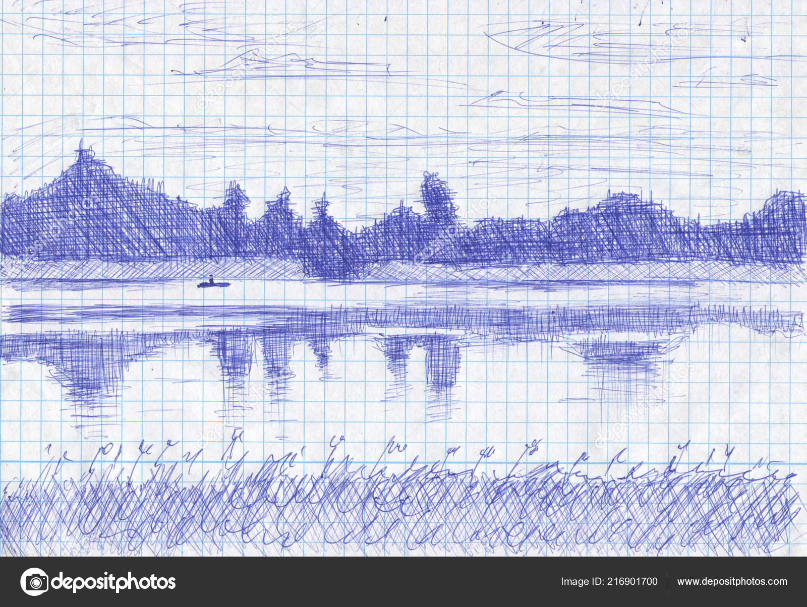 Landscape Lake Forest Reflections Boat Fisherman Stylish Drawing Pen ...