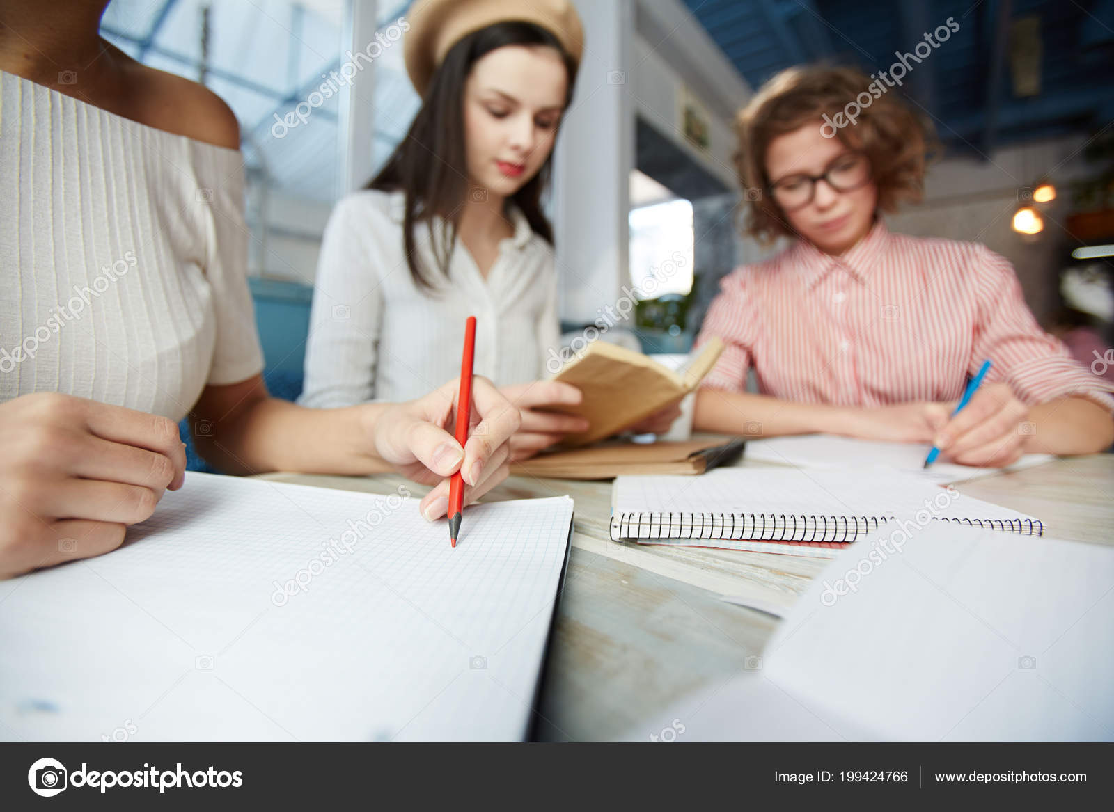 Girl Red Pencil Going Draw Something Page Notepad Her Busy Stock Photo ...