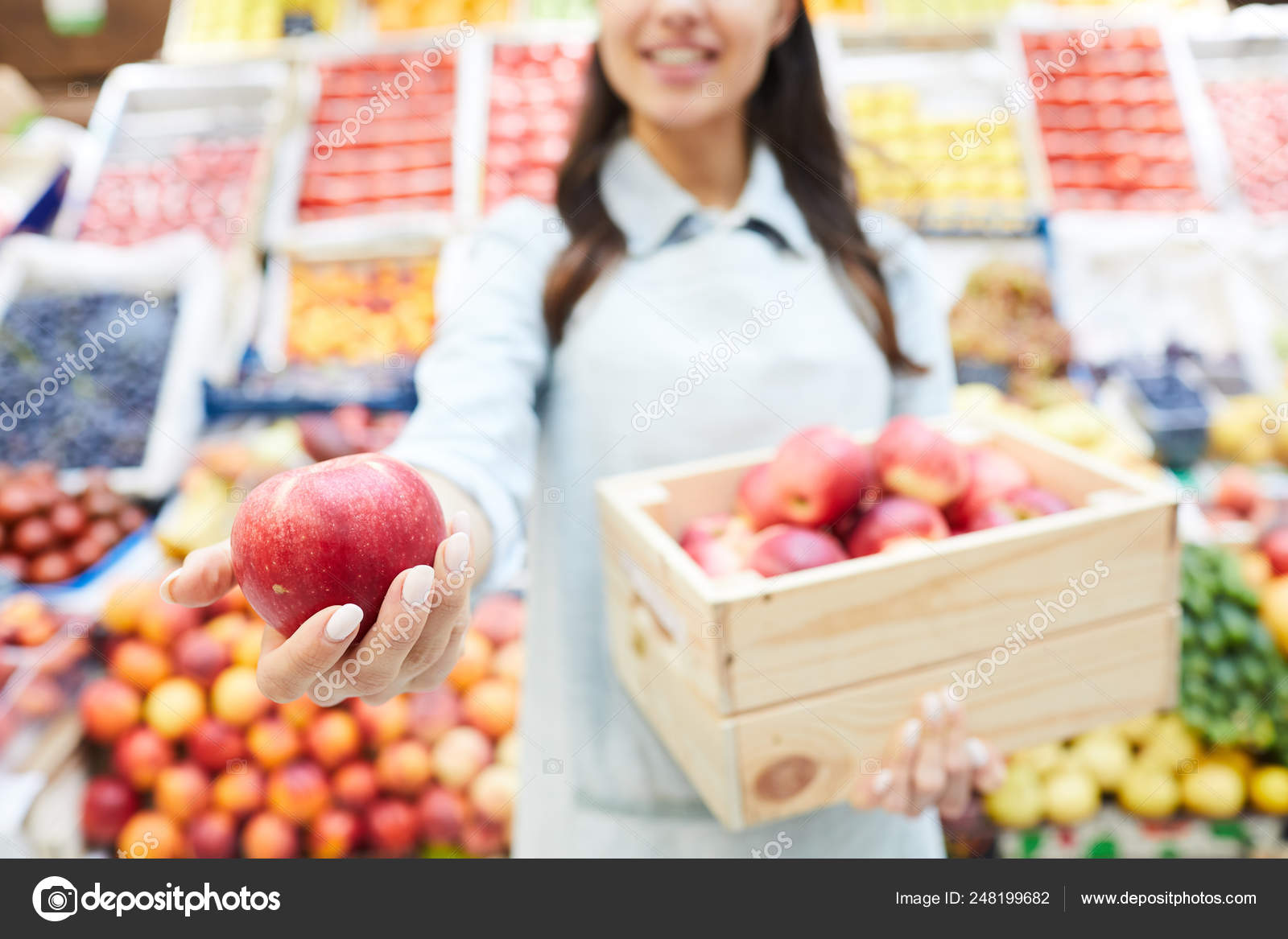 Close Smiling Female Grocer Apron Standing Organic Food Stall Holding ...