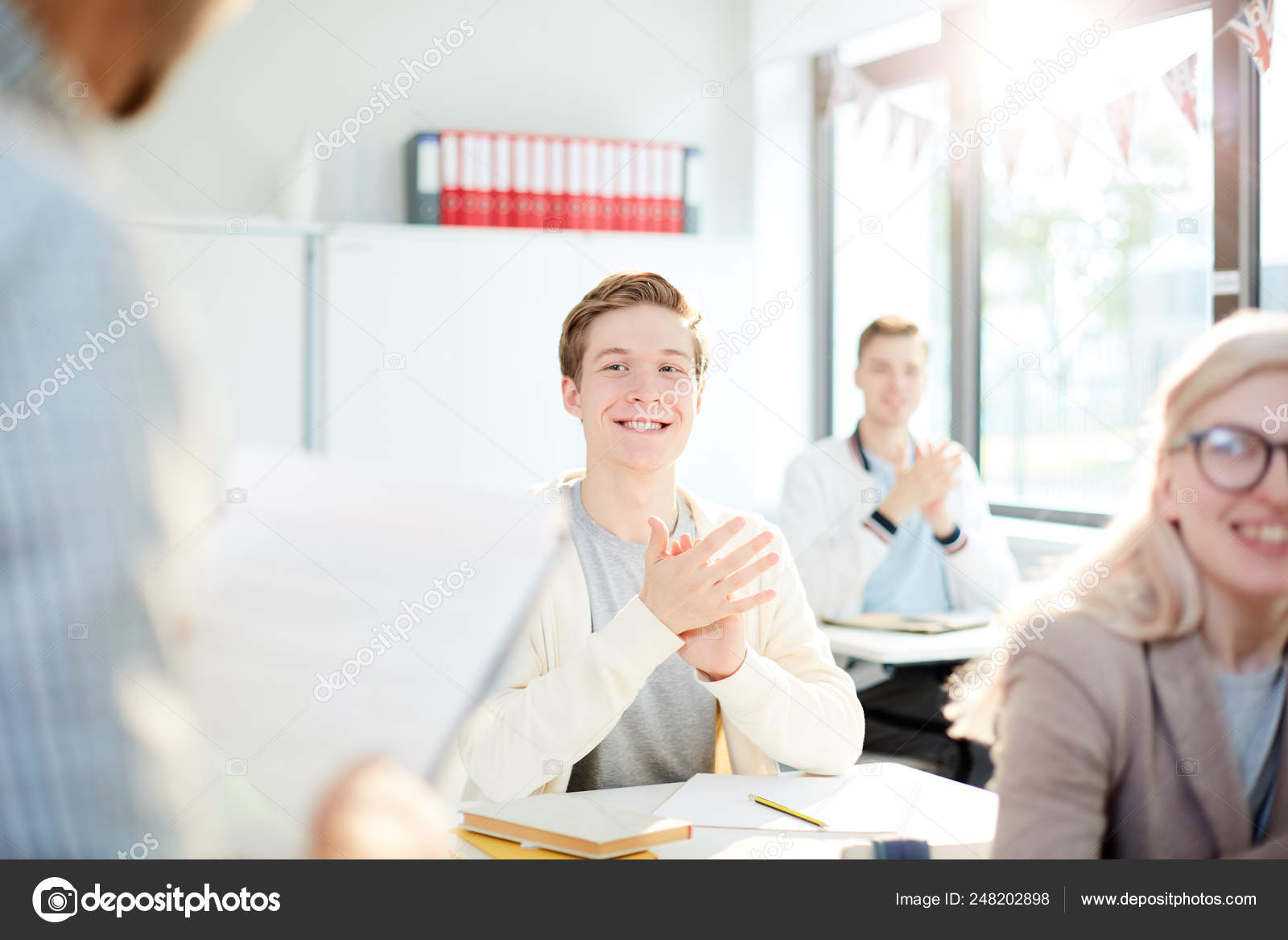 Happy Students Clapping Hands Report Teacher One Lessons College Stock ...