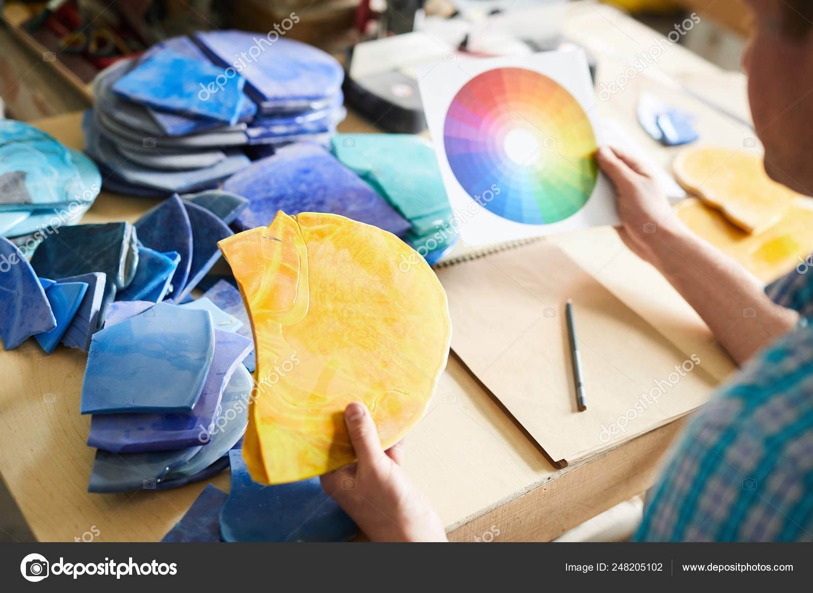 Portrait Unrecognizable Artisan Choosing Color Palette Holding Swatches ...