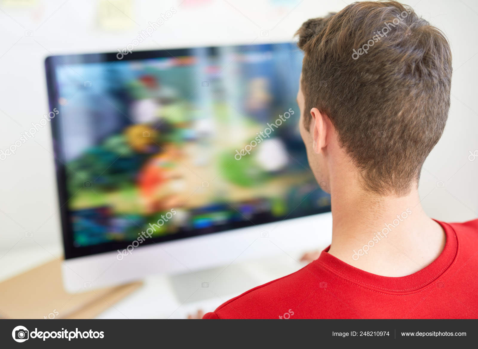 Back View Young Designer Front Computer Screen Moment Retouching Work ...