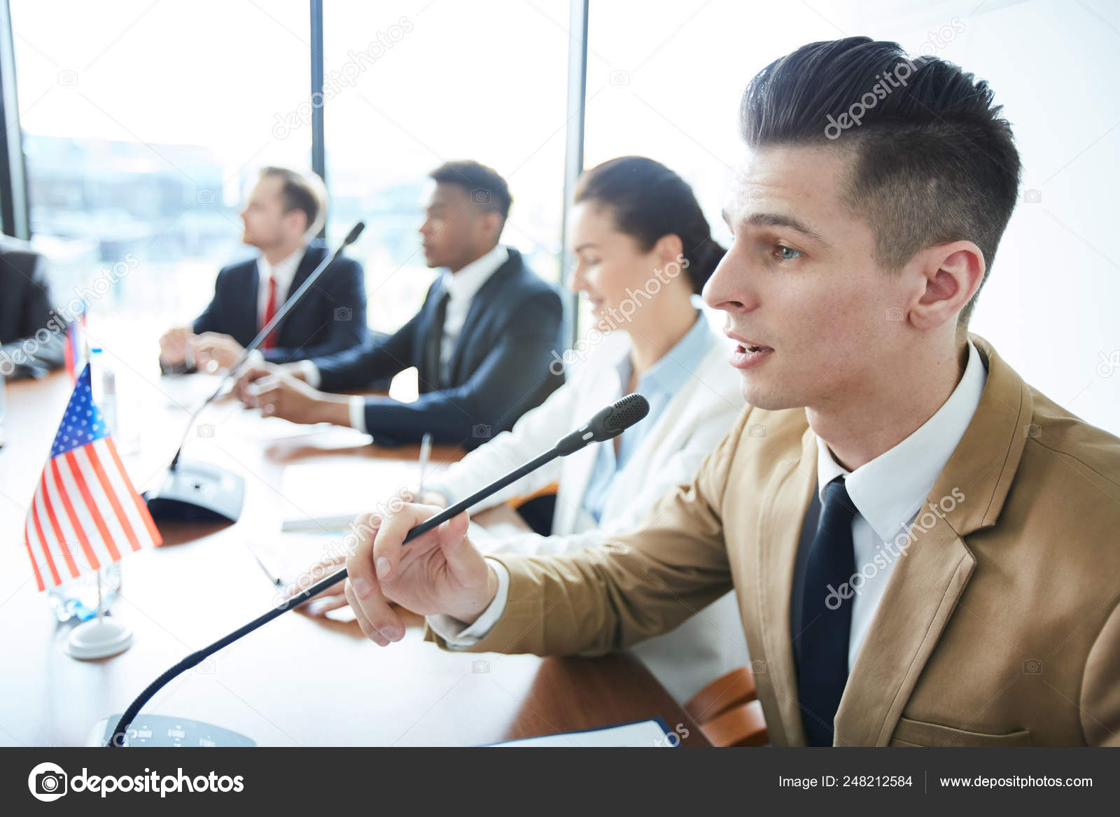 Young Delegate Microphone Asking Question Speaker Political Conference ...