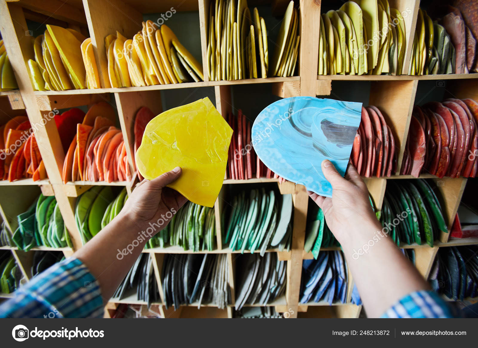 Hands Unrecognizable Artisan Holding Materials Choosing Color While ...