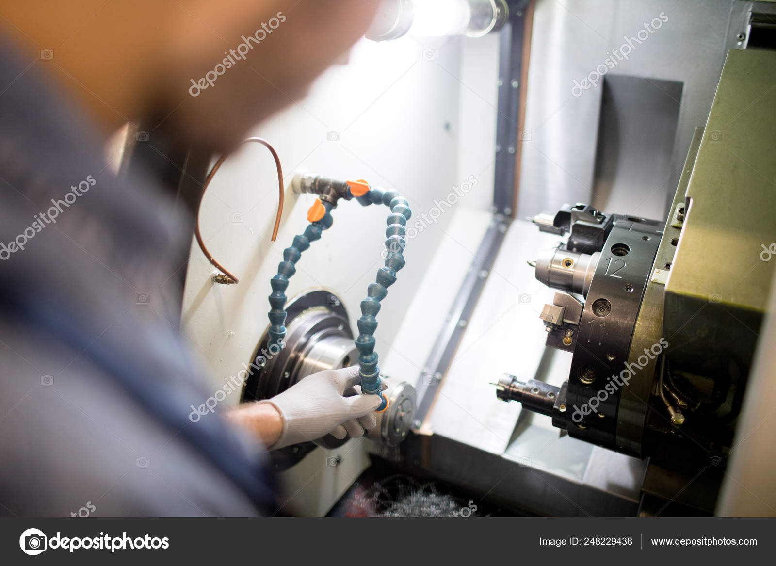 Focus Lathe Machine Operator Wearing Safety Goggles Adjusting Equipment Modern — Stock Photo ...