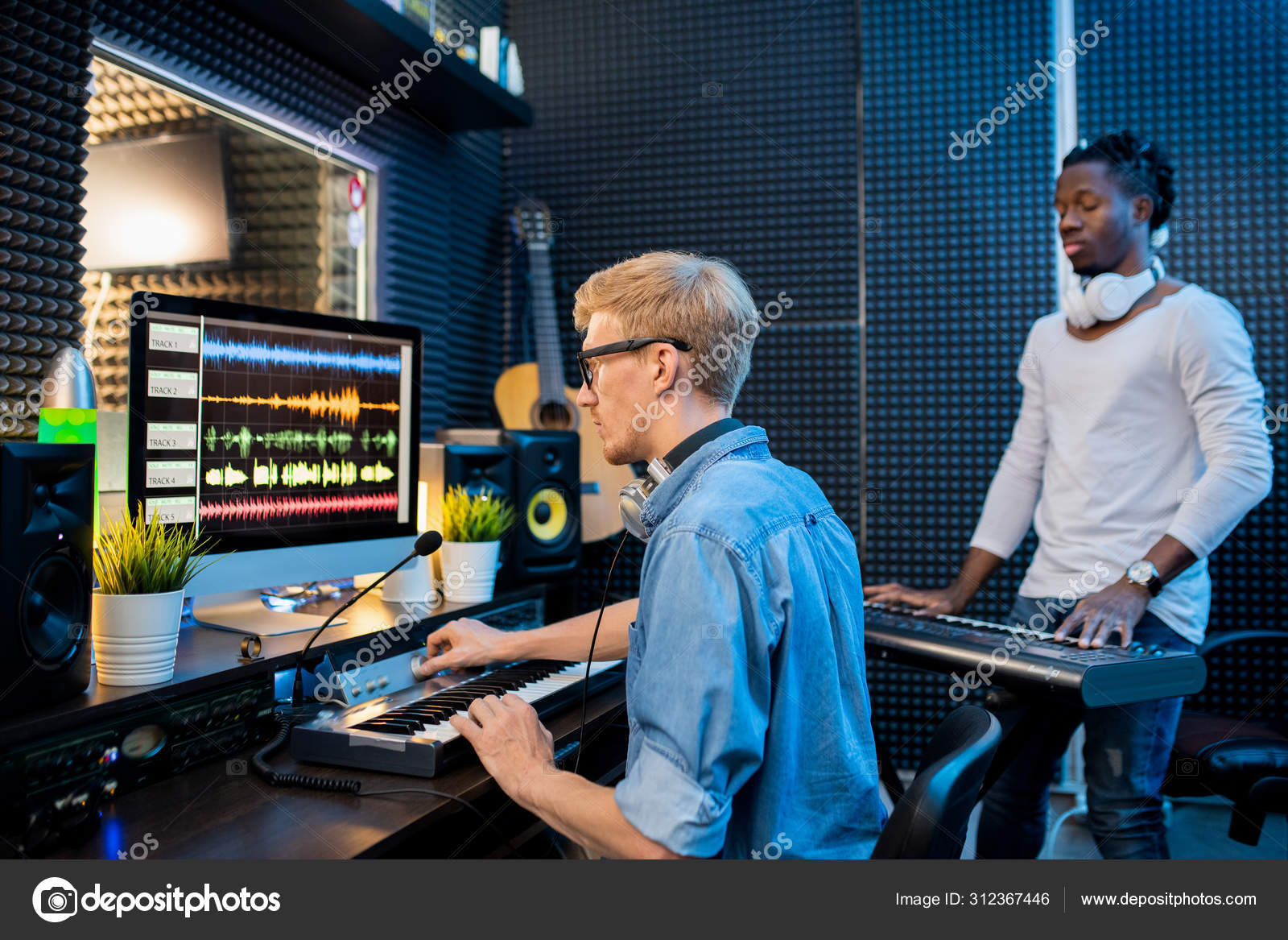 Young Man Recording Music Computer While African Guy Playing Pianoboard ...