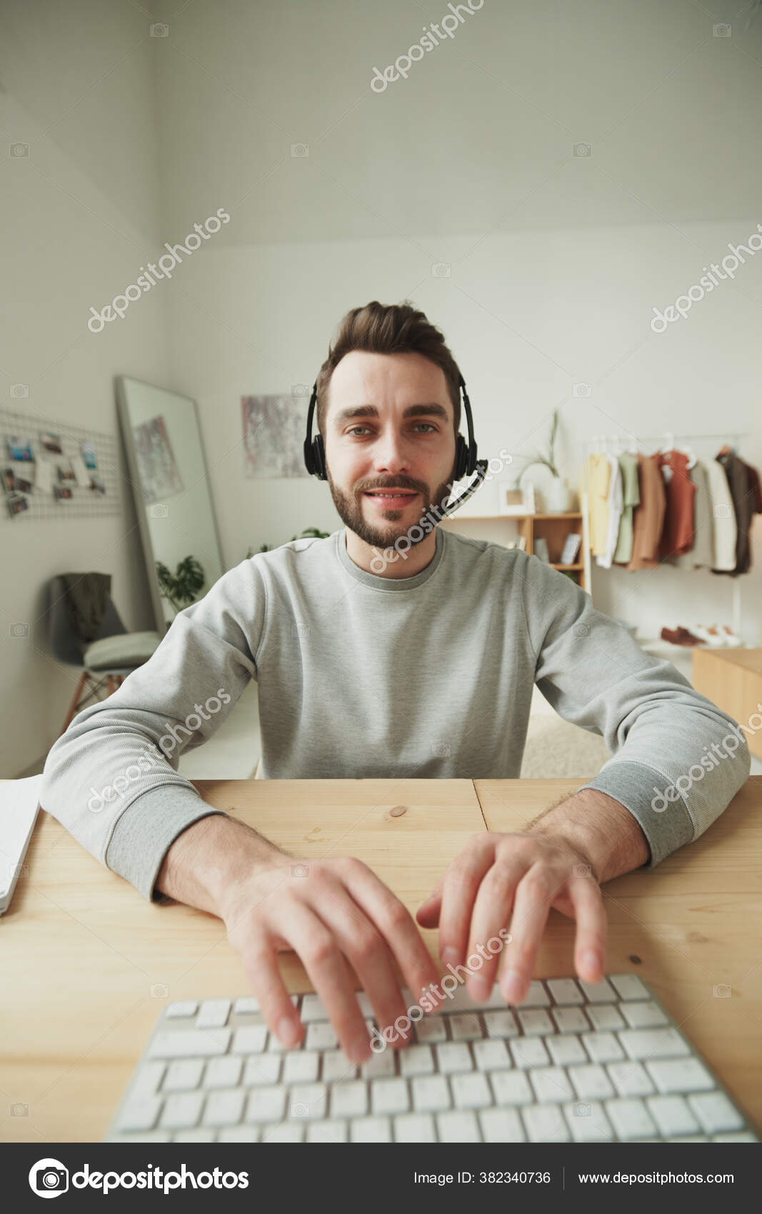 Young Friendly Operator Headset Typing Computer Keypad While Sitting ...