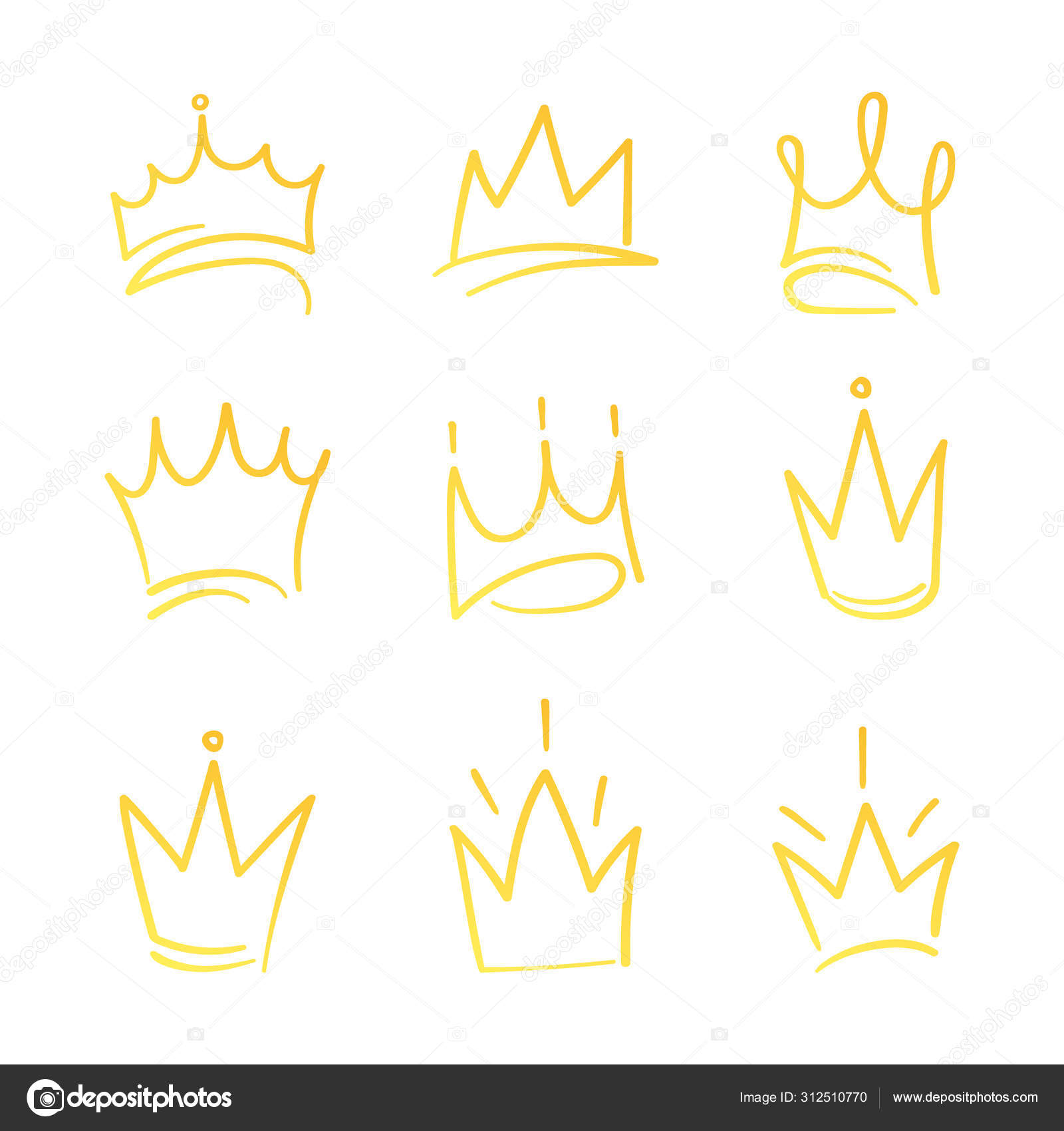 Sada loga z ručně kreslené koruny pro ikonu královny, symbol diadém ...