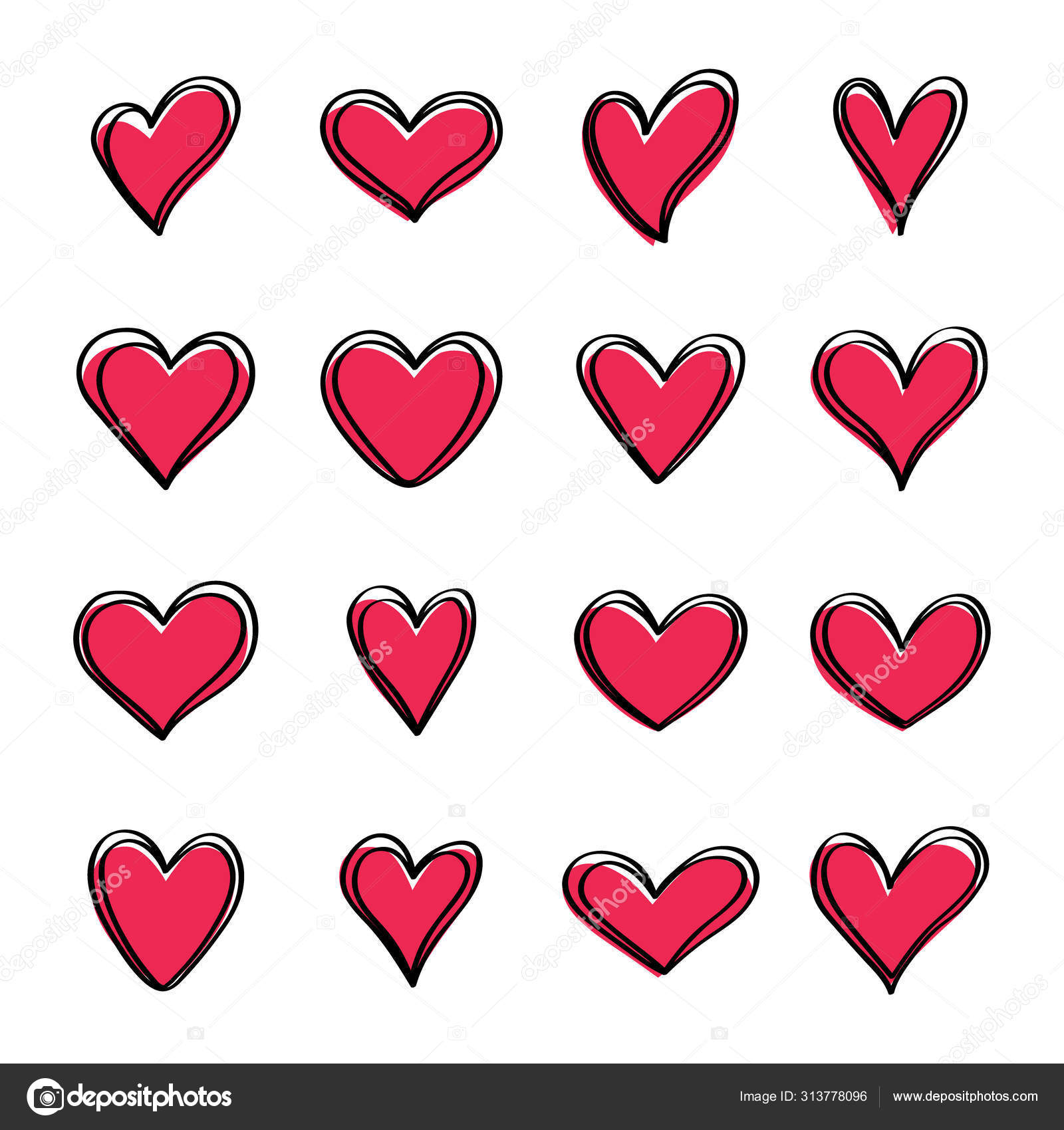 Tangled grunge round hand drawn heart icons set isolated on white ...