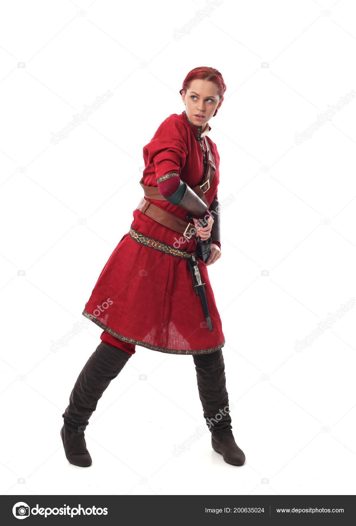 Full Length Portrait Red Haired Girl Wearing Fantasy Medieval Costume ...