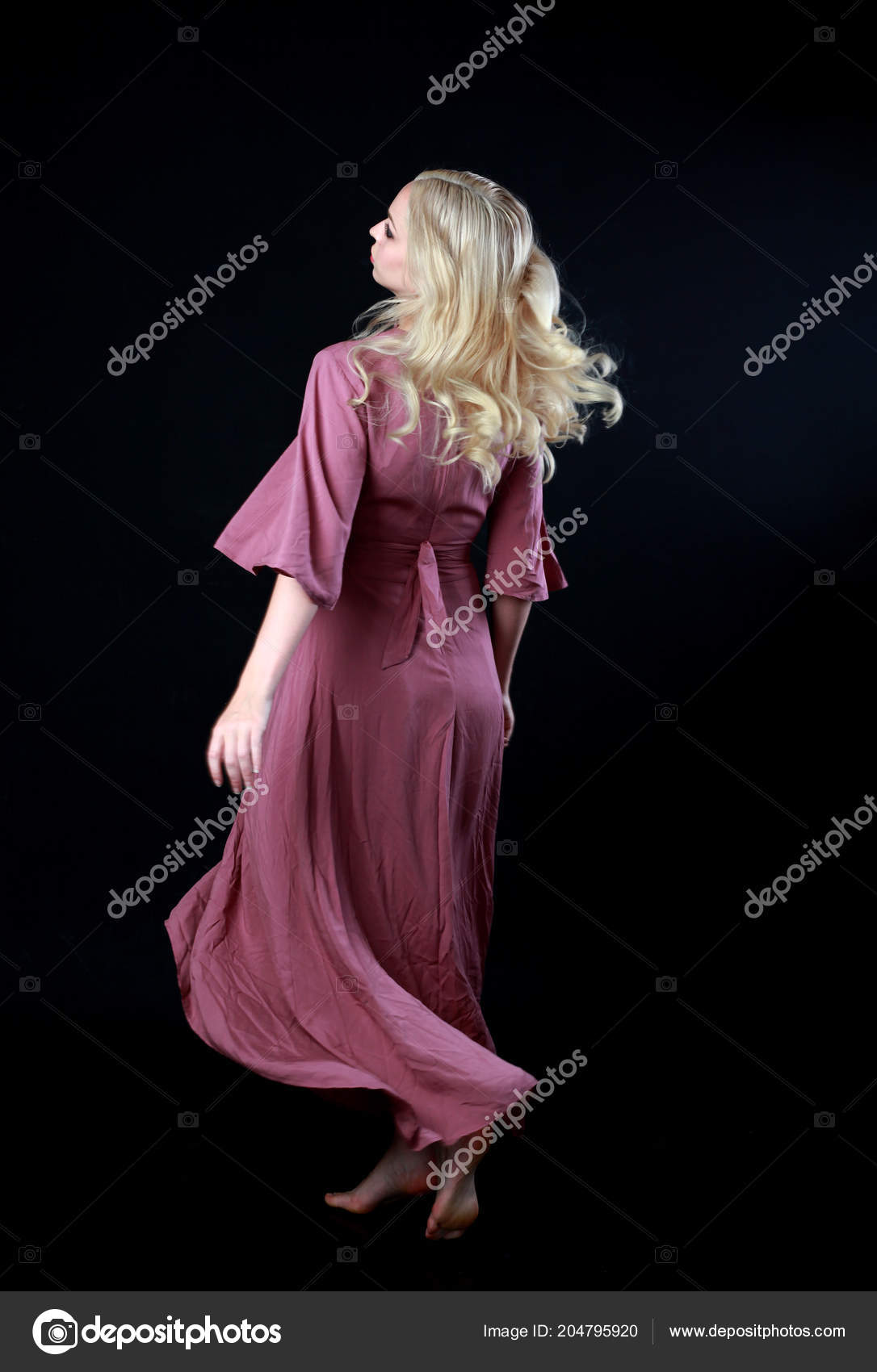 Full Length Portrait Blonde Girl Wearing Long Purple Dress Standing