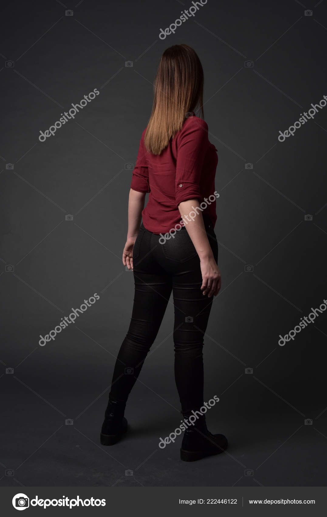Full Length Portrait Brunette Girl Wearing Red Shirt Leather Pants