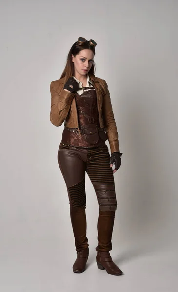 Full Length Portrait Brunette Girl Wearing Brown Leather Steampunk ...