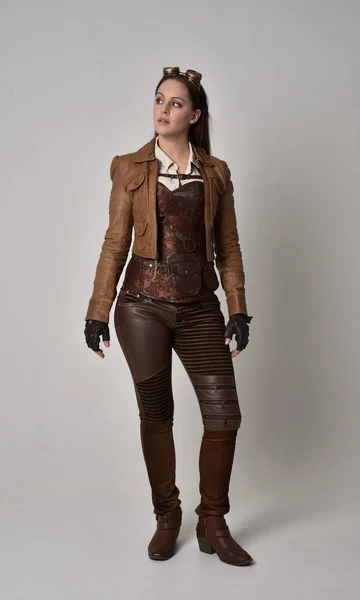 Full Length Portrait Brunette Girl Wearing Brown Leather Steampunk ...
