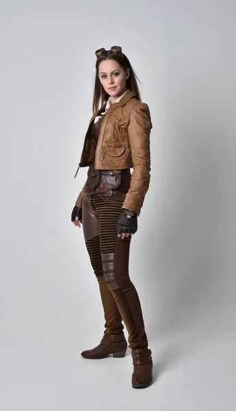 Full Length Portrait Brunette Girl Wearing Brown Leather Steampunk ...