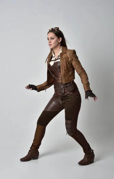 Full Length Portrait Brunette Girl Wearing Brown Leather Steampunk ...