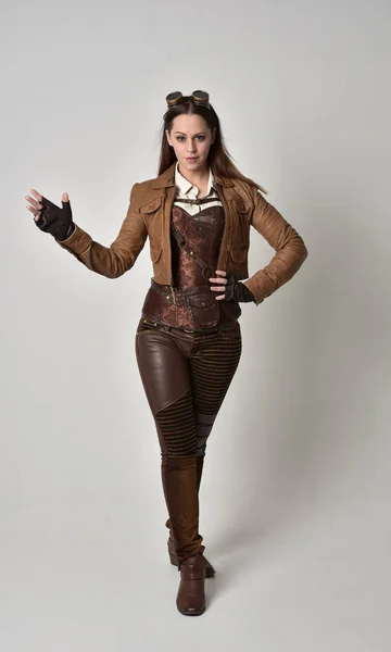 Full Length Portrait Brunette Girl Wearing Brown Leather Steampunk ...