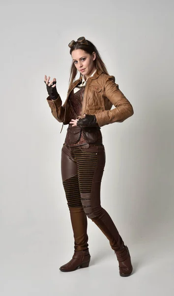 Full Length Portrait Brunette Girl Wearing Brown Leather Steampunk ...