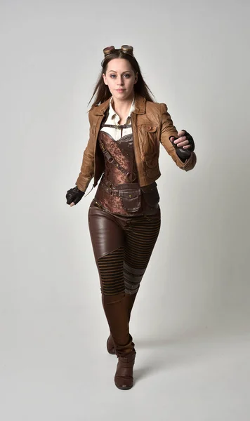Full Length Portrait Brunette Girl Wearing Brown Leather Steampunk ...