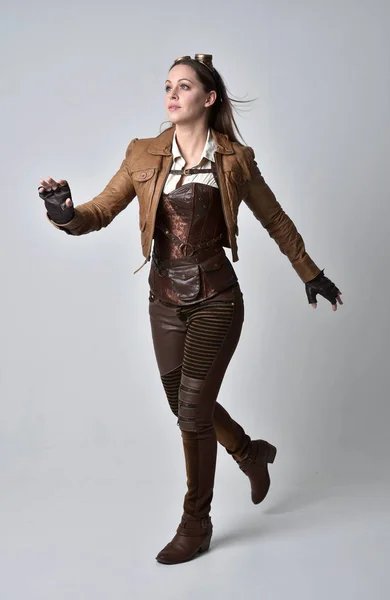 Full Length Portrait Brunette Girl Wearing Brown Leather Steampunk ...