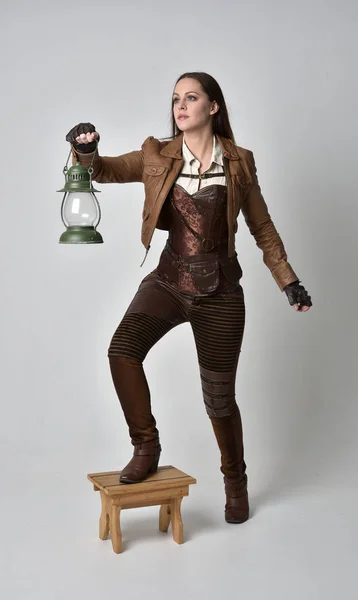 Full Length Portrait Brunette Girl Wearing Brown Leather Steampunk ...