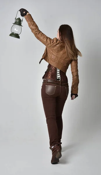 Full Length Portrait Brunette Girl Wearing Brown Leather Steampunk ...