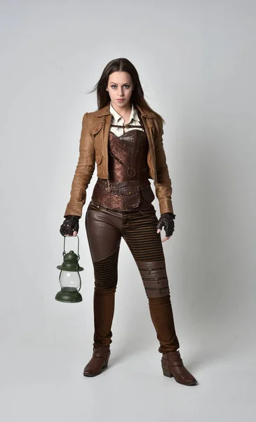 Full Length Portrait Brunette Girl Wearing Brown Leather Steampunk ...