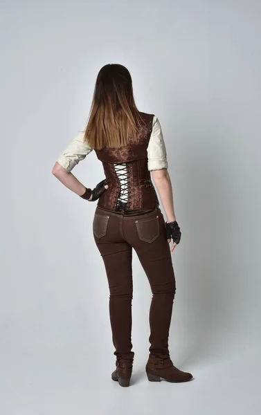 Full Length Portrait Brunette Girl Wearing Brown Leather Steampunk ...