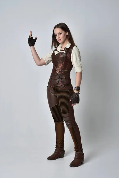 Full Length Portrait Brunette Girl Wearing Brown Leather Steampunk ...