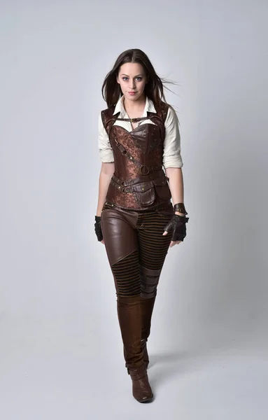 Full Length Portrait Young Brunette Girl Wearing Brown Leather ...
