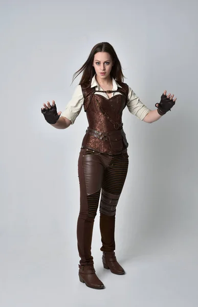 Full Length Portrait Brunette Girl Wearing Brown Leather Steampunk ...