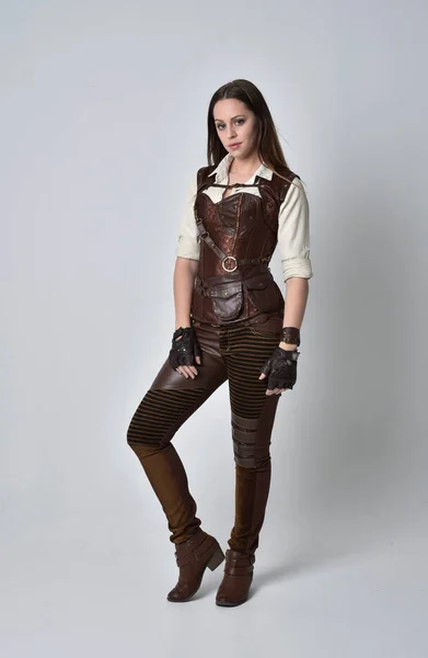 Full Length Portrait Young Brunette Girl Wearing Brown Leather ...