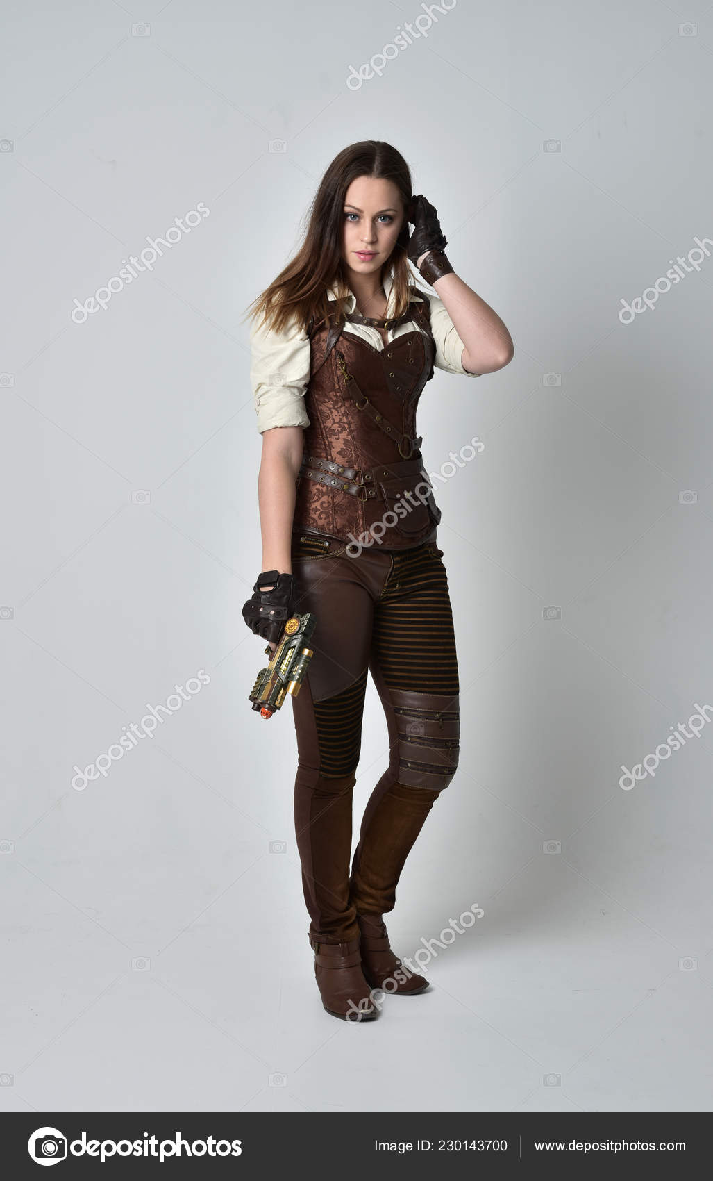 Full Length Portrait Young Brunette Girl Wearing Brown Leather ...