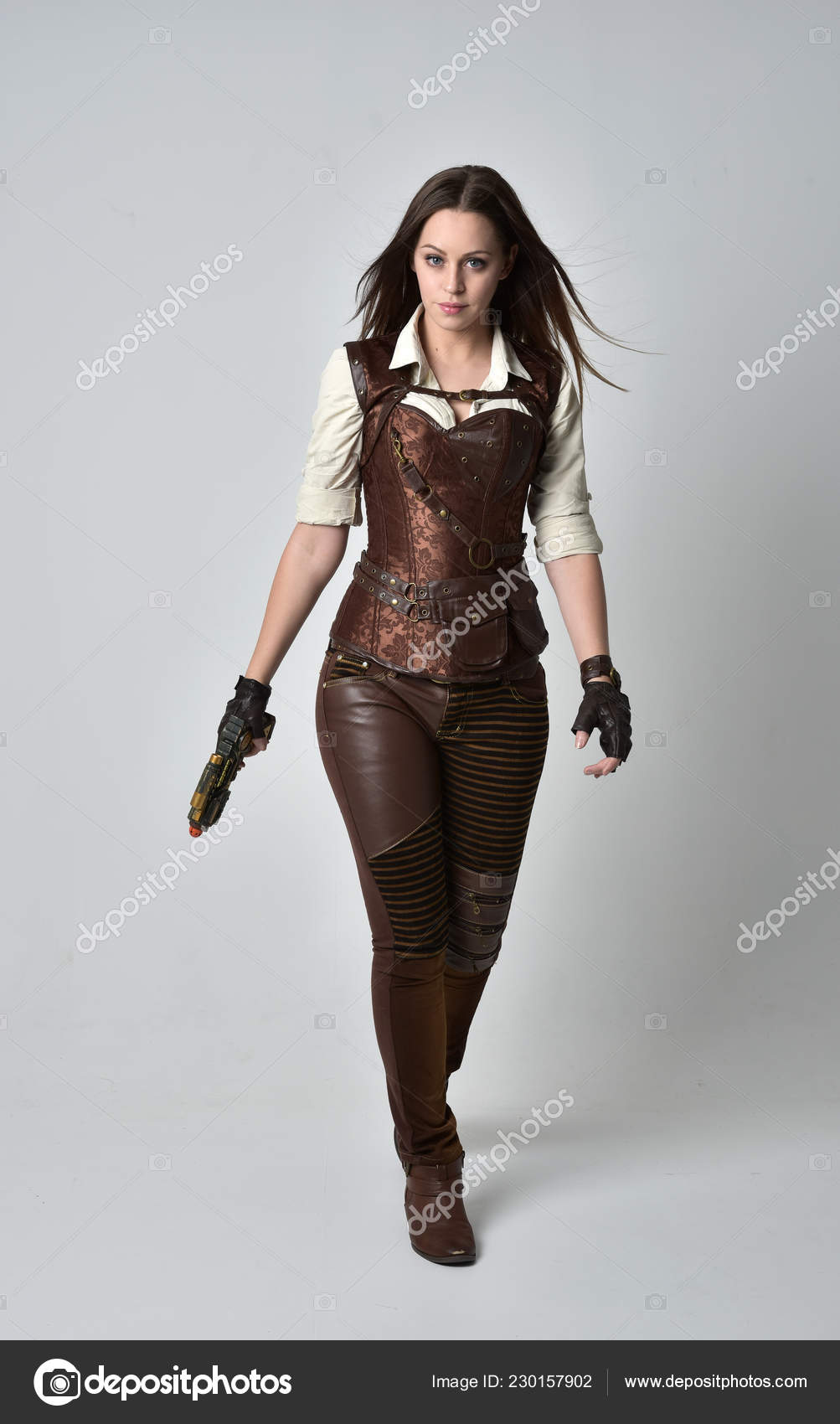 Full Length Portrait Young Brunette Girl Wearing Brown Leather ...