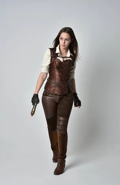 Full Length Portrait Brunette Girl Wearing Brown Leather Steampunk ...