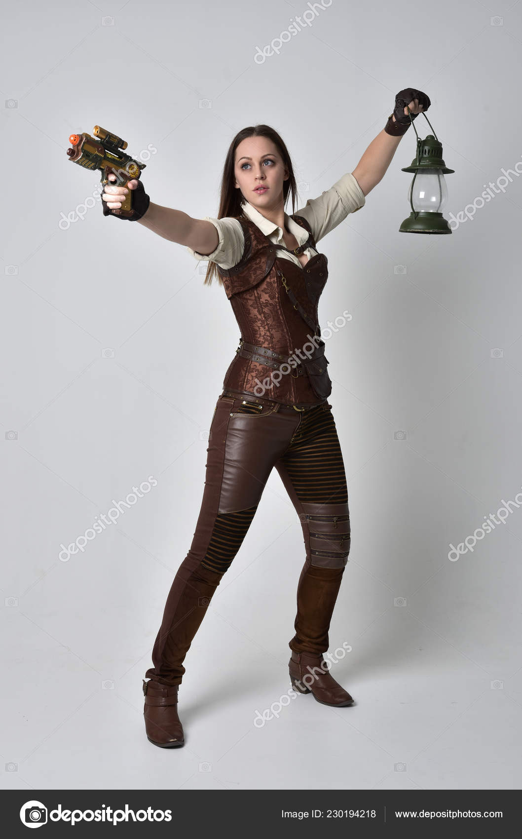 Full Length Portrait Young Brunette Girl Wearing Brown Leather ...