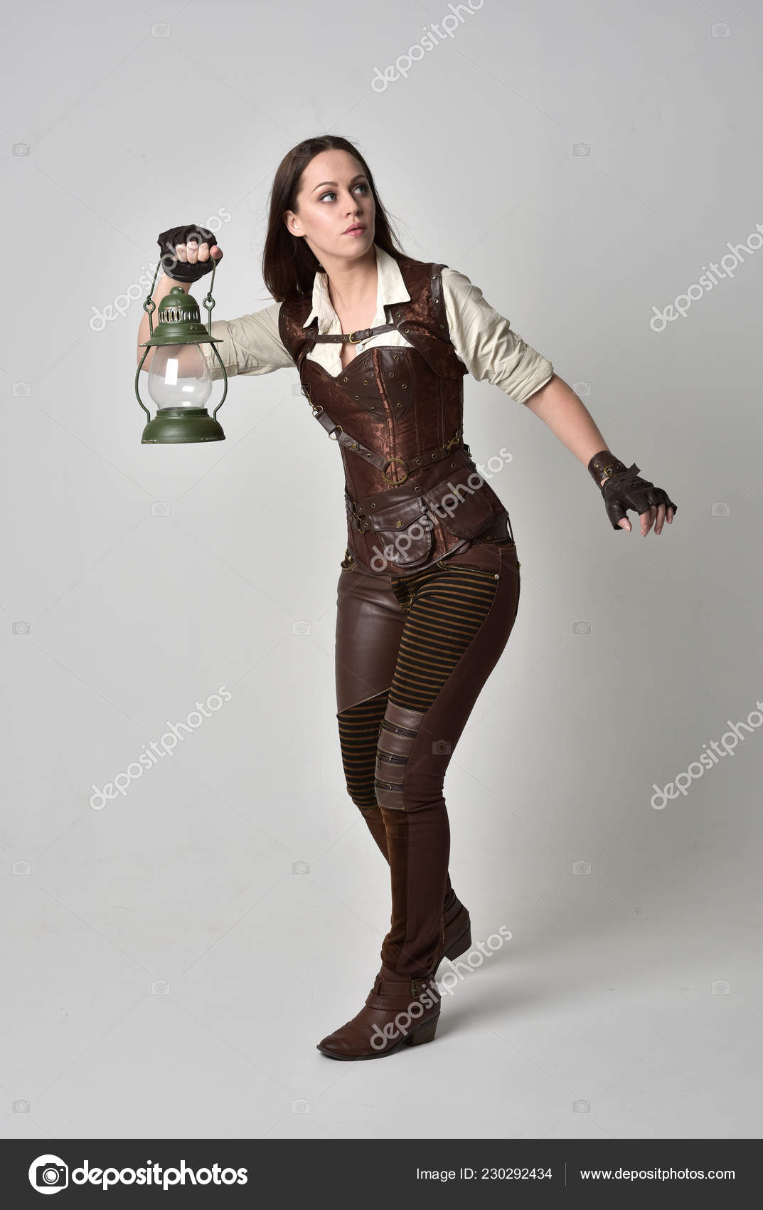 Full Length Portrait Young Brunette Girl Wearing Brown Leather ...