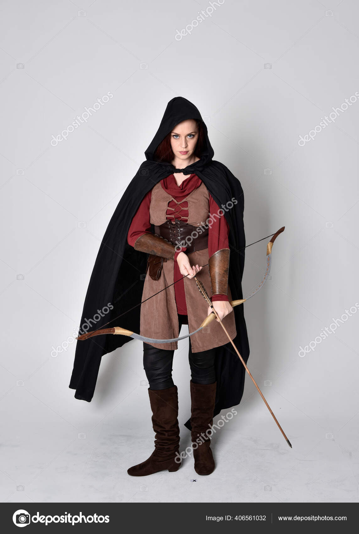 Full Length Portrait Girl Red Hair Wearing Medieval Archer Costume ...