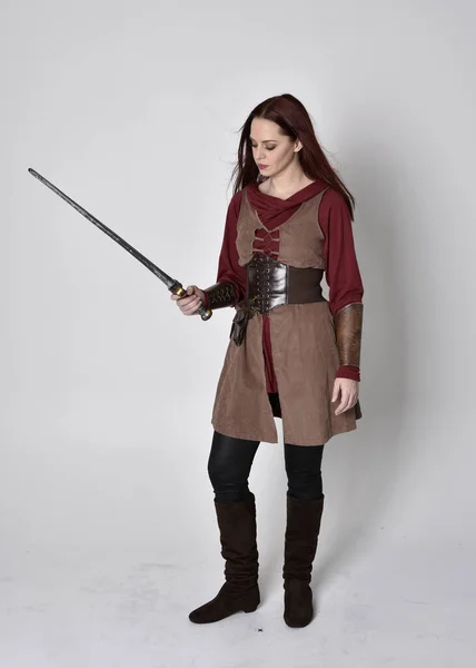 Full Length Portrait Girl Wearing Medieval Costume Standing Pose Back ...