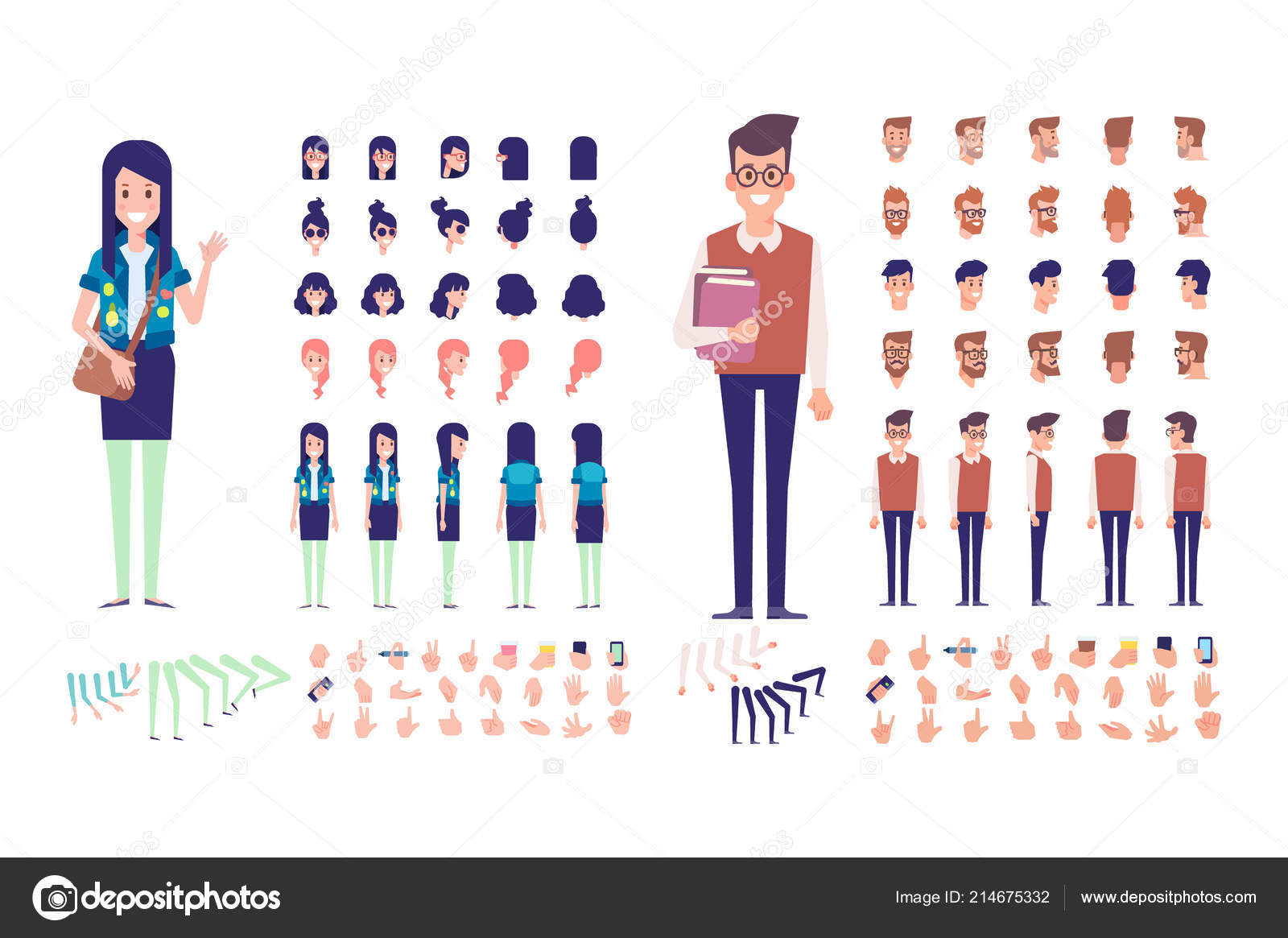 Front Side Back View Animated Characters Boy Girl Students Characters ...