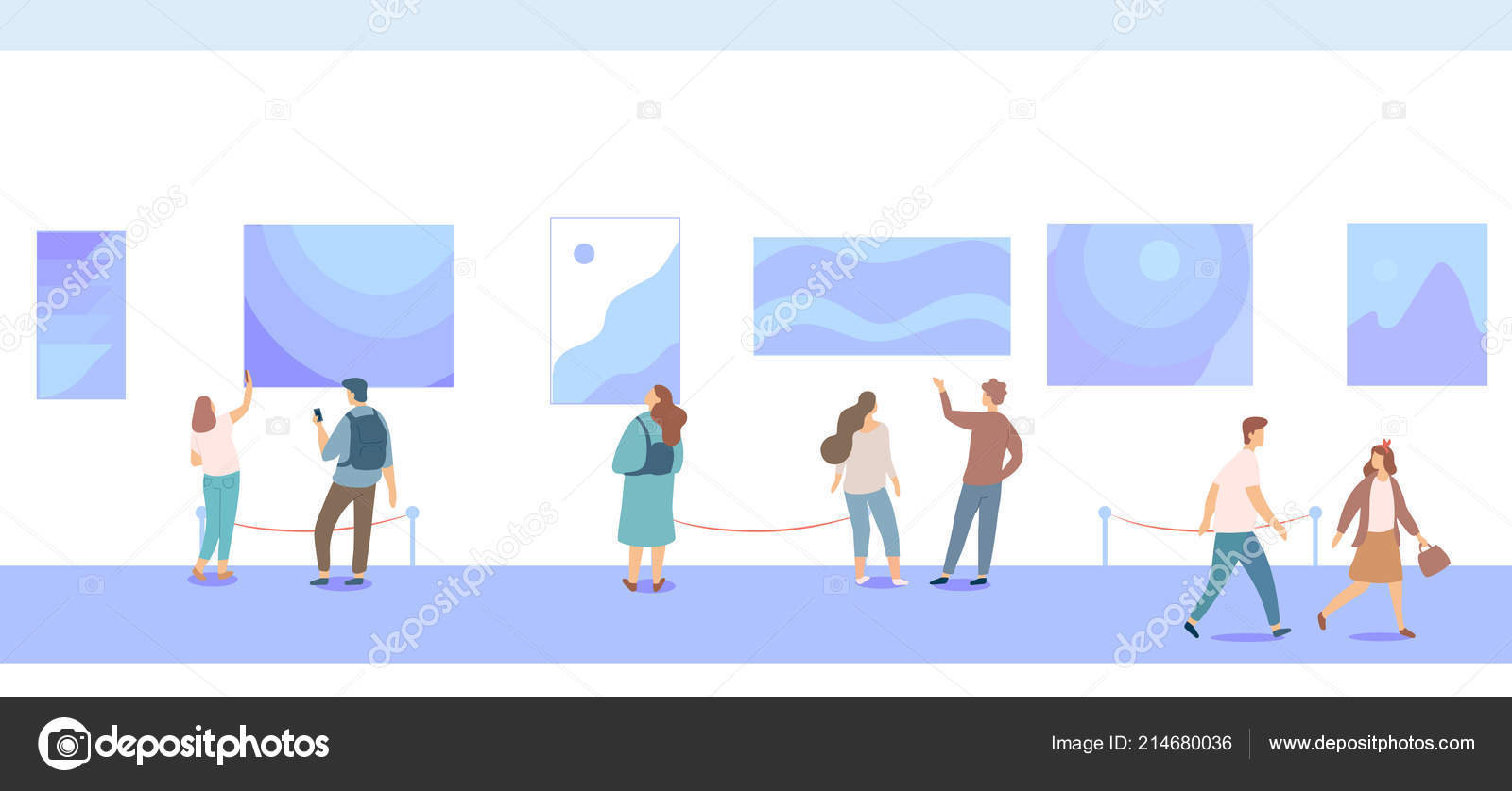 Art Gallery People Looking Paintings Exhibition Flat Style Vector ...