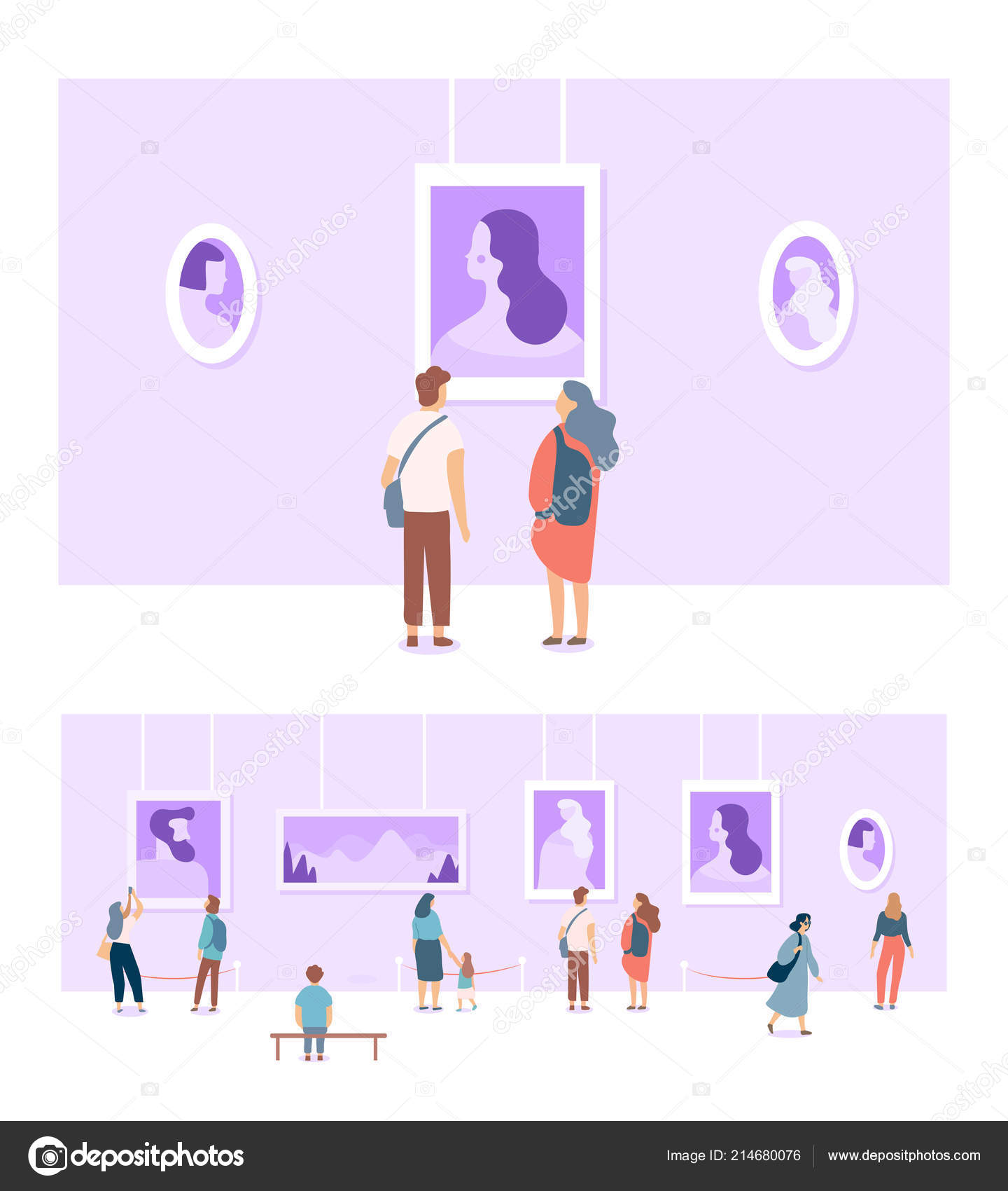 Art Gallery People Looking Paintings Exhibition Flat Style Vector ...