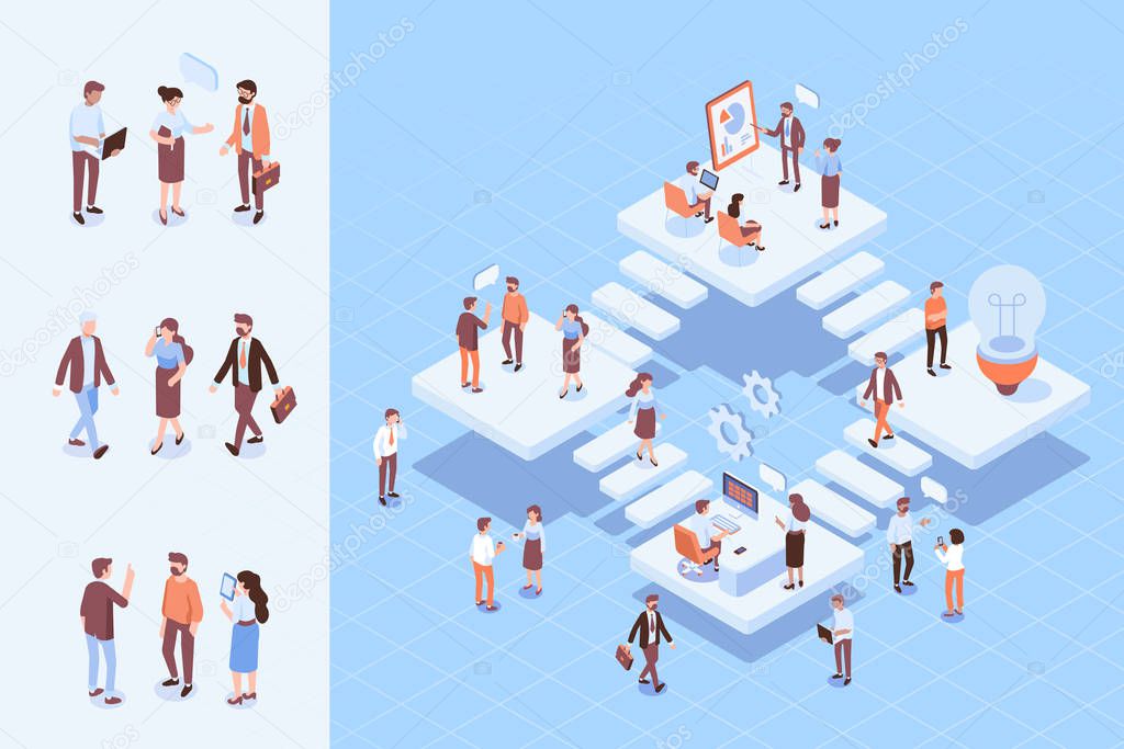 Trabajo en equipo, cooperación. Oficina people.Isomtric pueblo vector conjunto. Espacio de ...