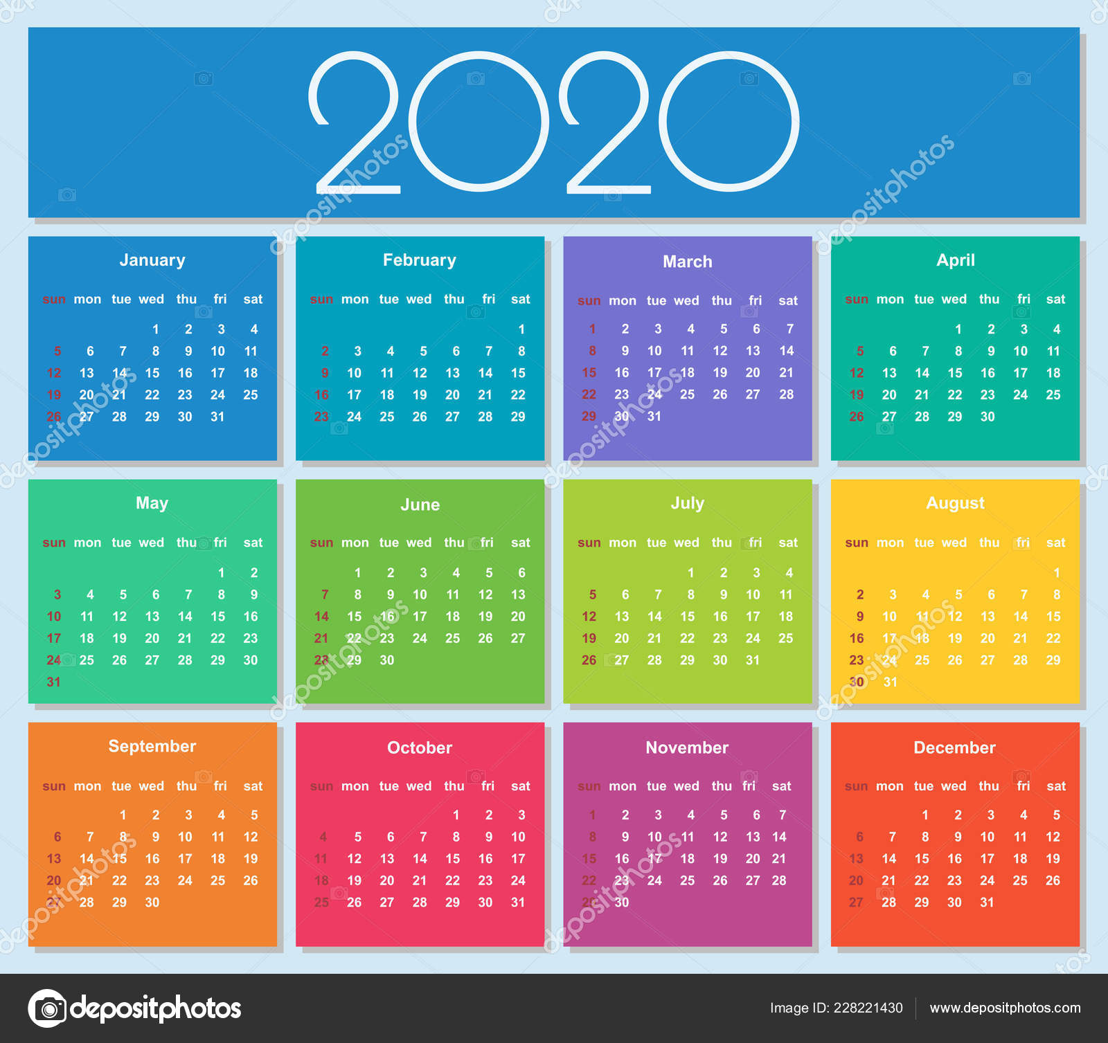 Colorido Calendario Del Año 2020 Plantilla Vector Simple Ilustración ...