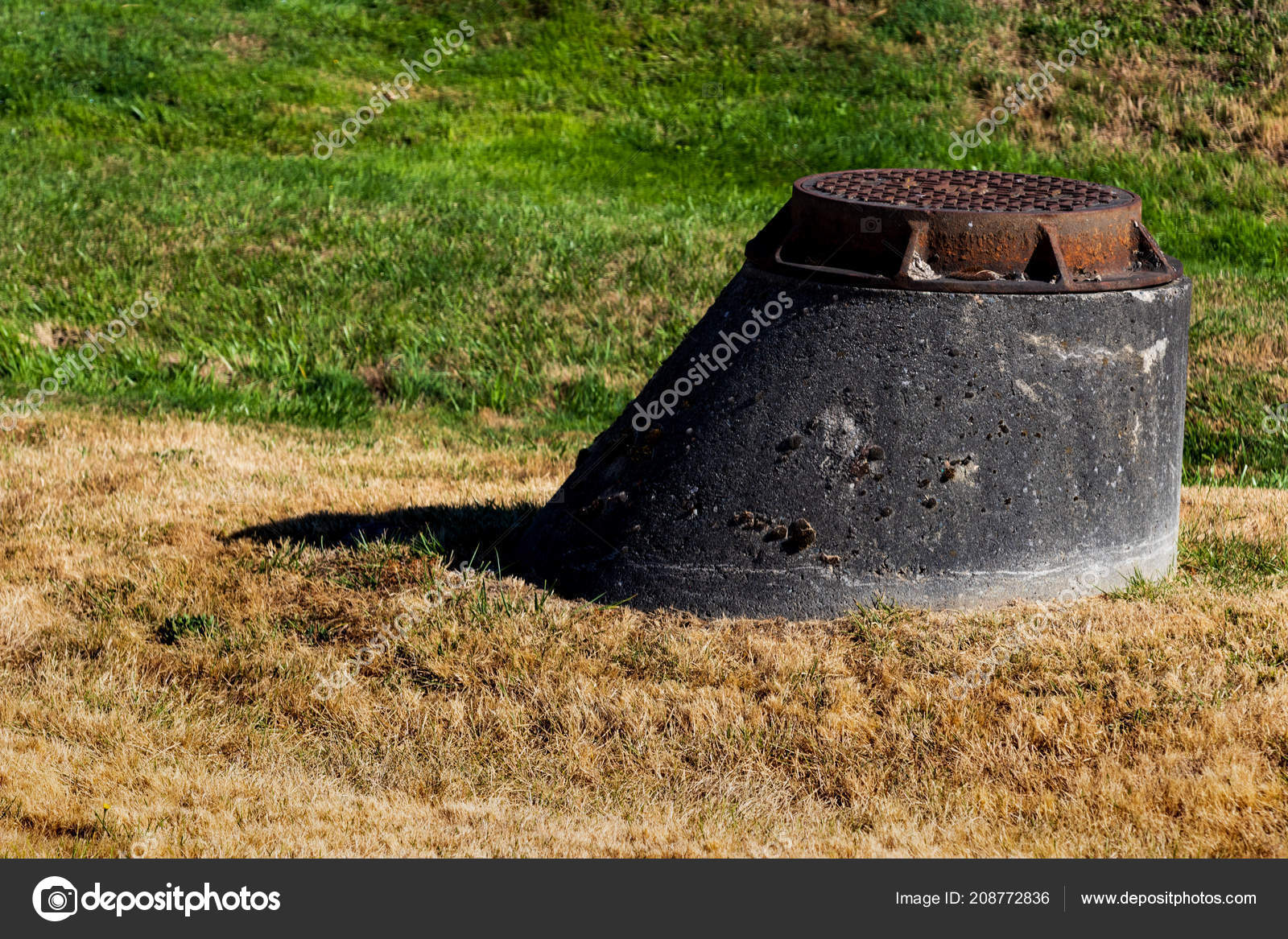 Manhole Raised Concrete Rise Next Brown Green Grass Shadow — Stock ...