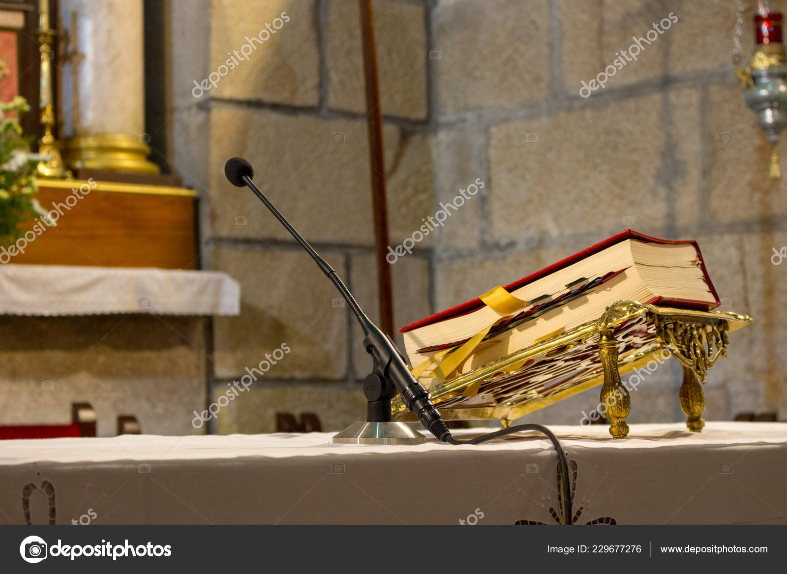 Red Bible Altar Table Microphone Faith Religion Concept Preaching ...