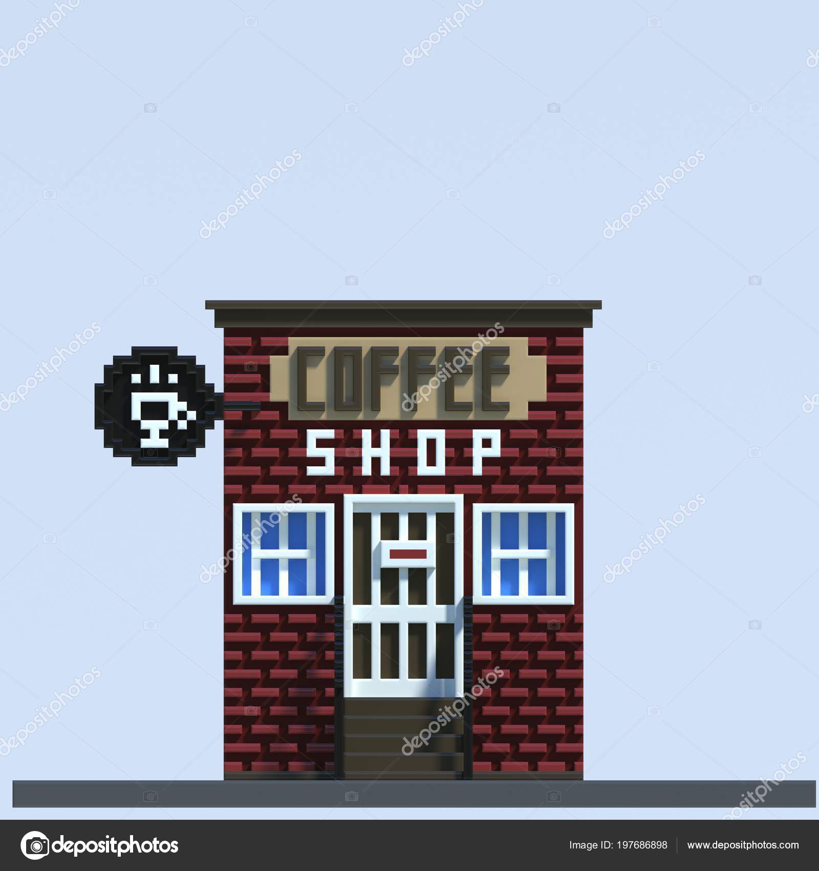 Rendering Pixel Art Coffee Shop Building Isometric Street Isolated Blue ...