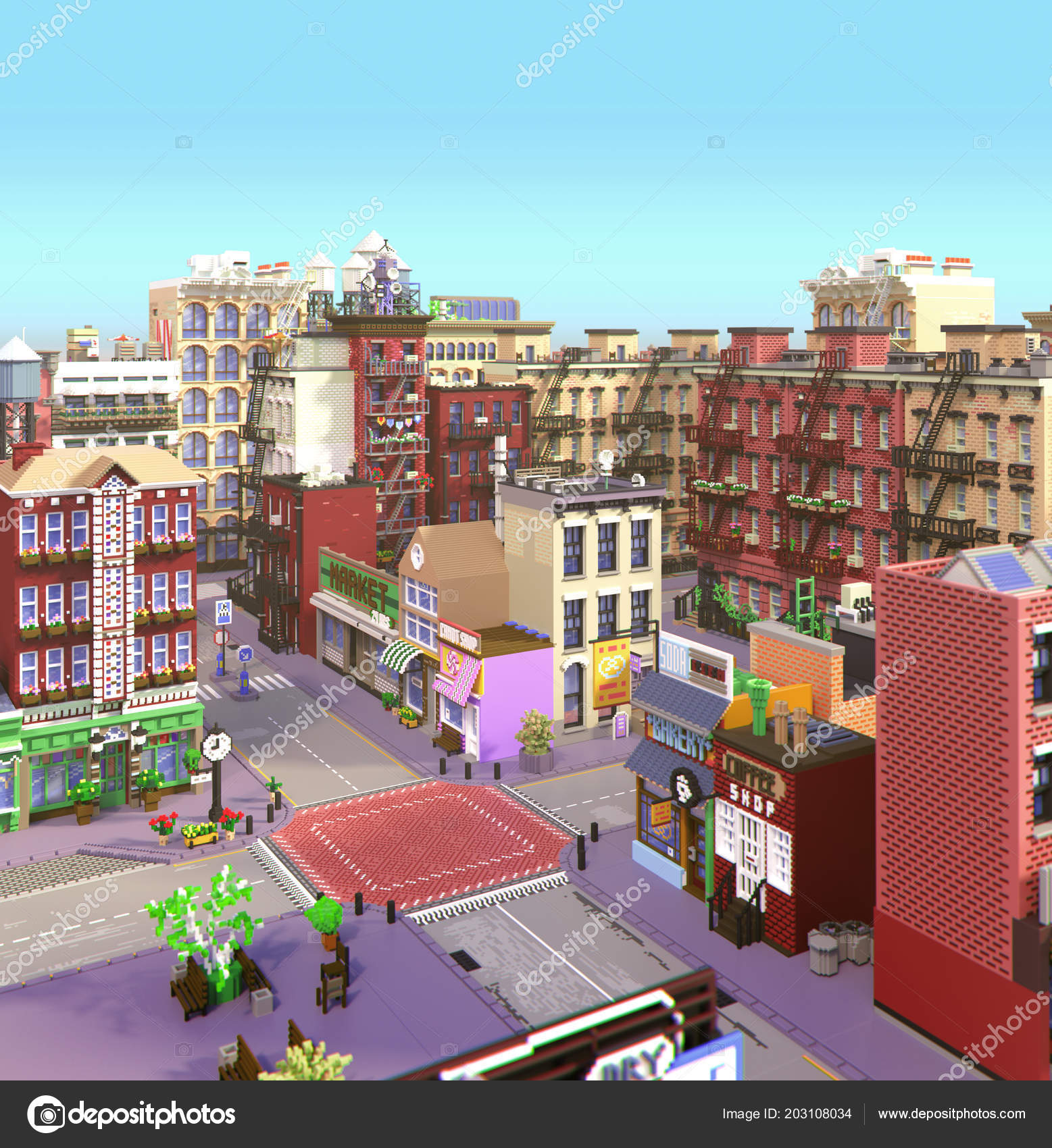 Rendering Cartoon Stylized Town Pixel Art City Typical New York Stock ...